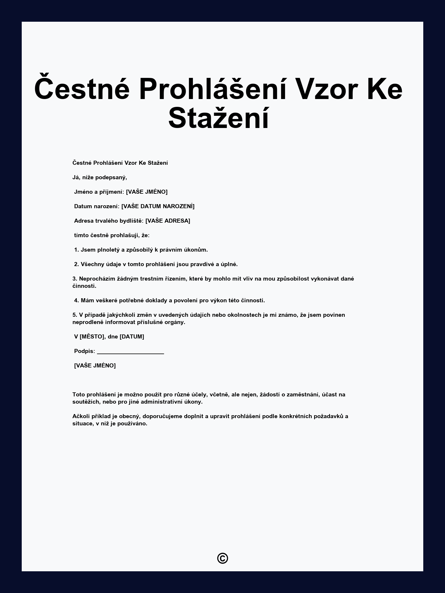 Čestné Prohlášení Vzor Ke Stažení