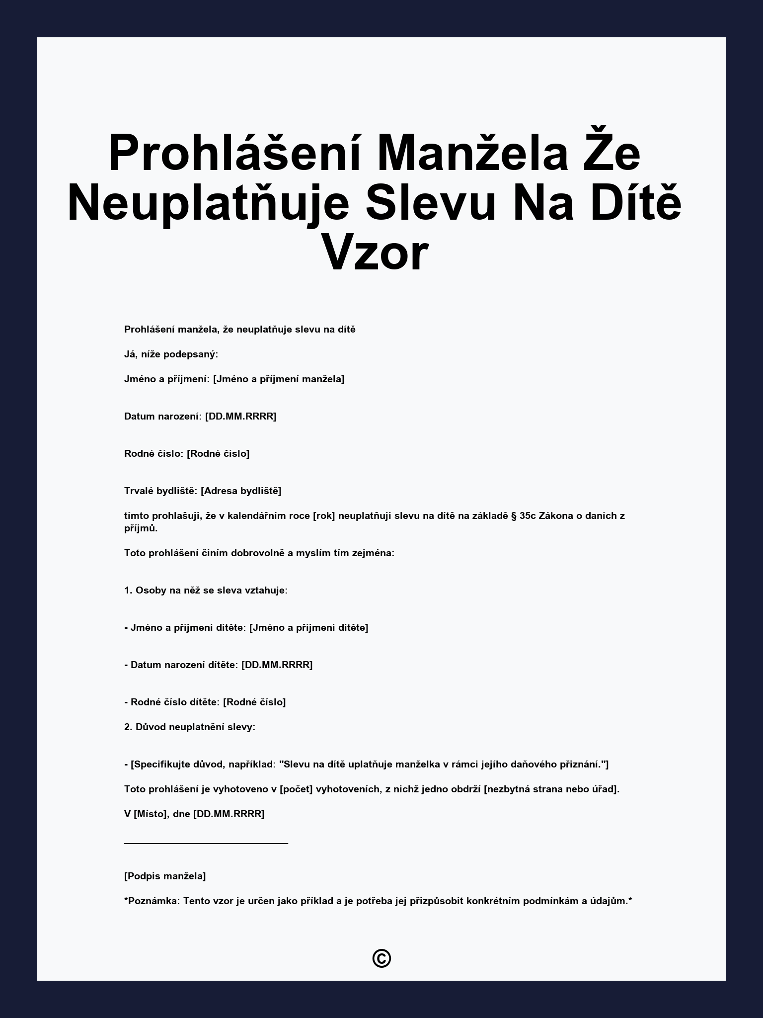 Prohlášení Manžela Že Neuplatňuje Slevu Na Dítě Vzor