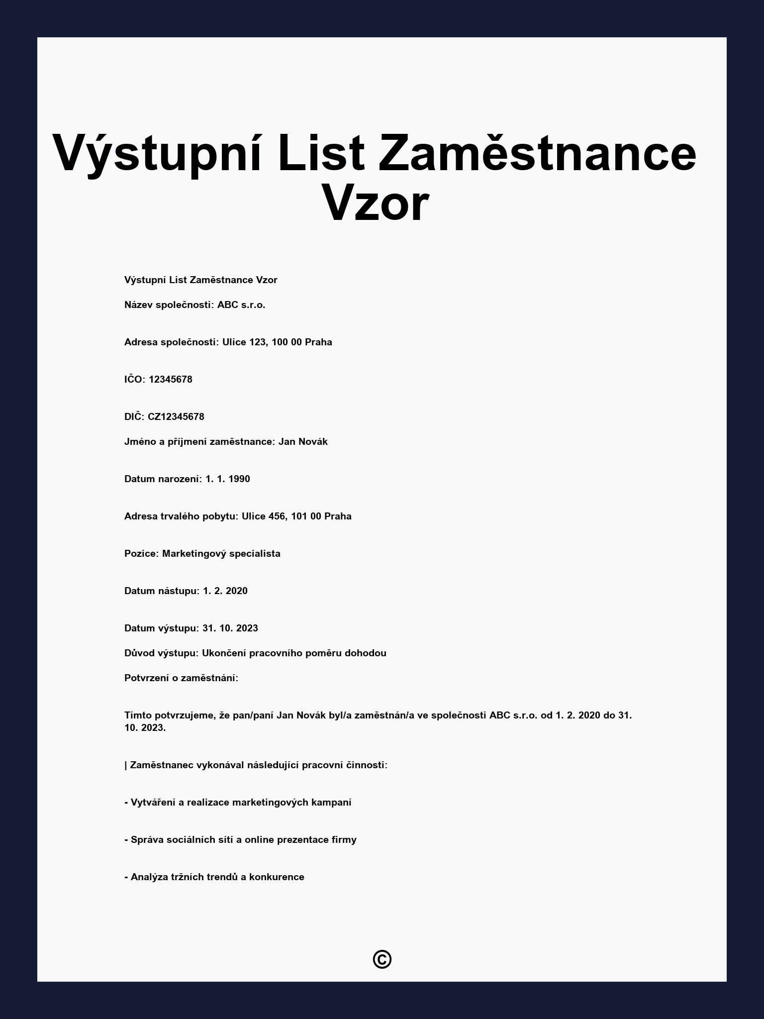 Výstupní List Zaměstnance Vzor