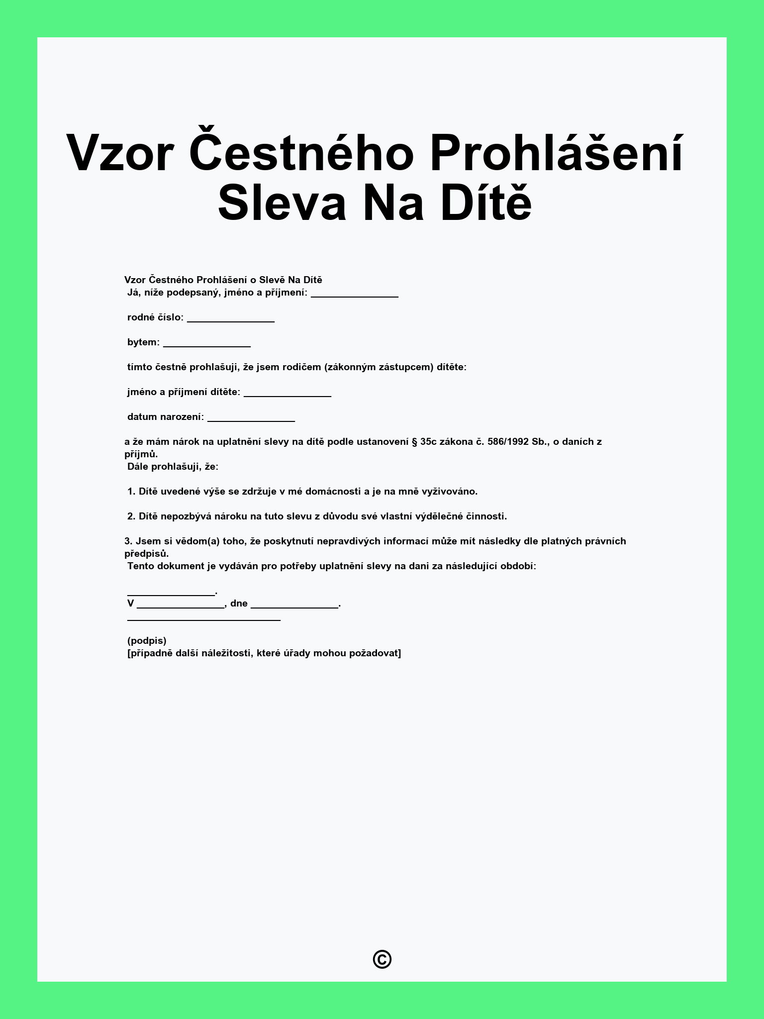 Vzor Čestného Prohlášení Sleva Na Dítě